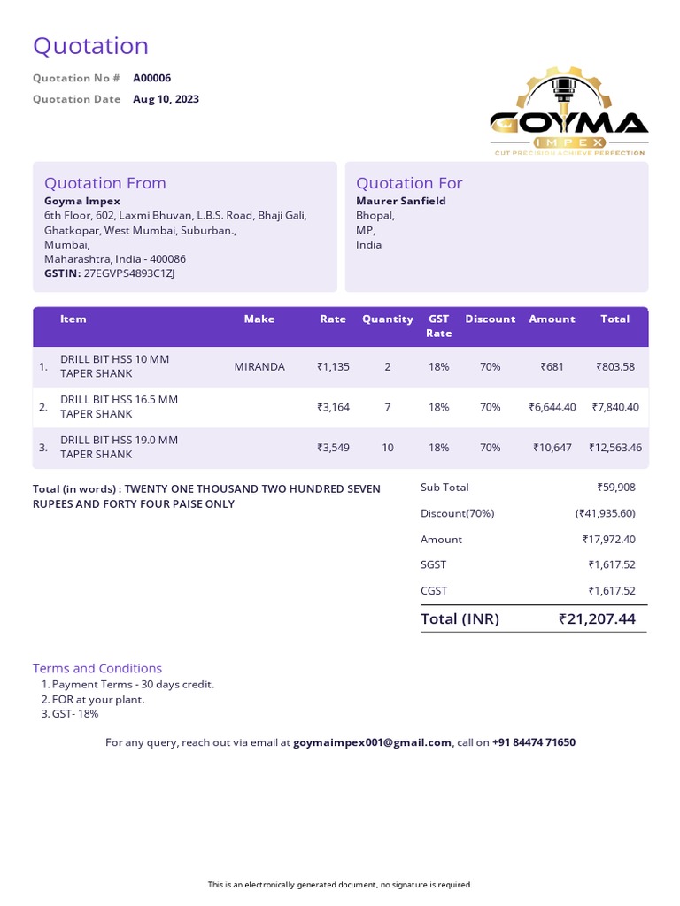 Quotation A00006 Goyma Impex Maurer Sanfield | PDF