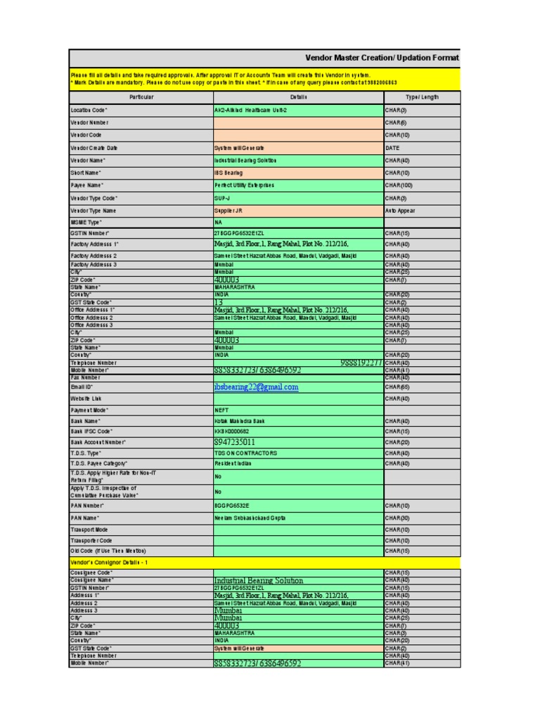 Vendor Master Data Update Form | PDF