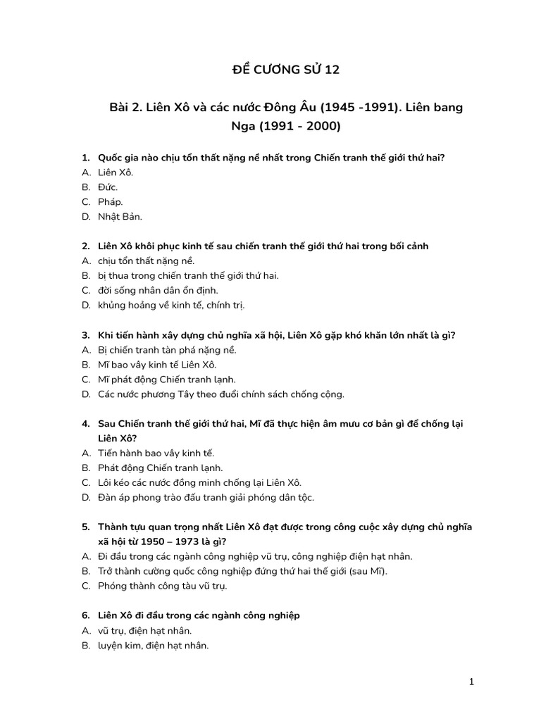 Bài 2. Liên Xô Và Các Nư C Đông U (1945 - 1991) - Liên Bang Nga (1991 - 2000) | PDF