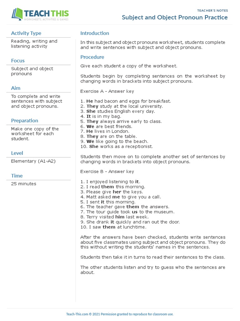 Subject Object Pronoun Practice | PDF