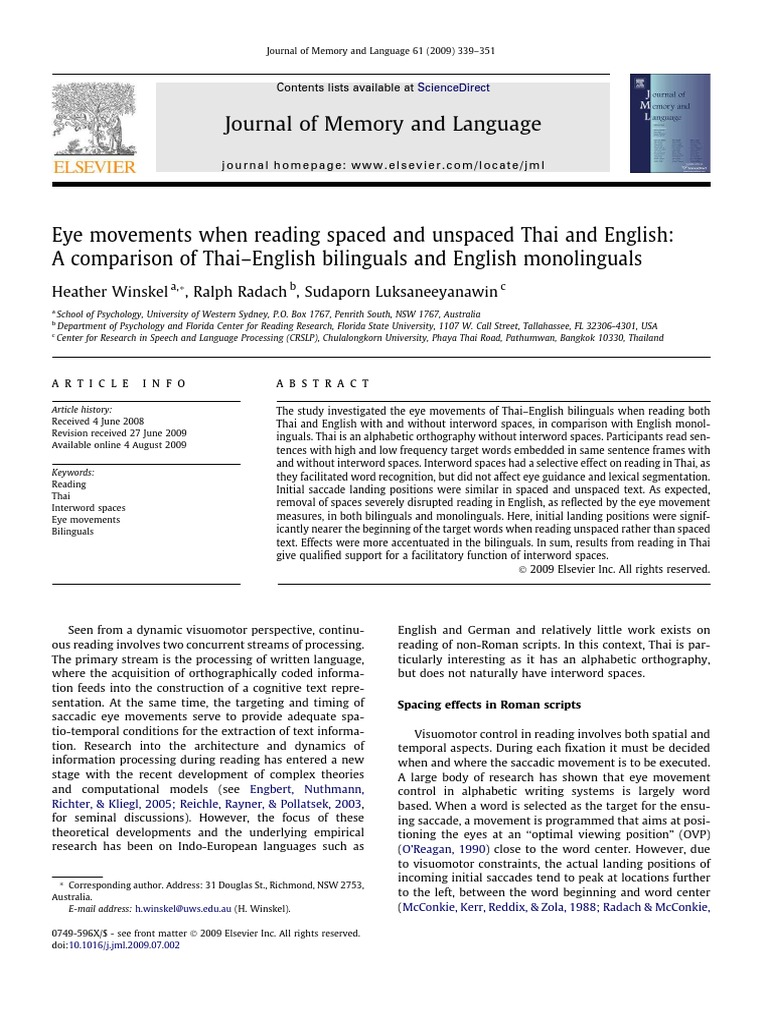 Journal of Memory and Language: Heather Winskel, Ralph Radach, Sudaporn ...