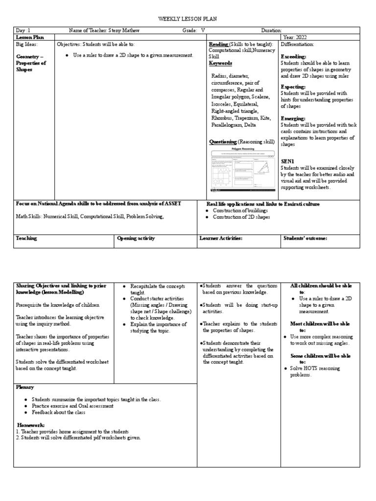 Lesson Plan | Download Free PDF | Teachers | Shape