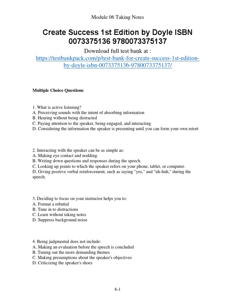 Create Success 1st Edition Jon Doyle Test Bank Download | PDF