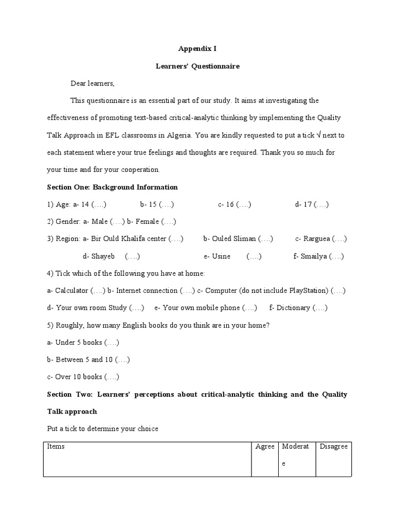 Questionnaire | PDF | Learning | Reading Comprehension