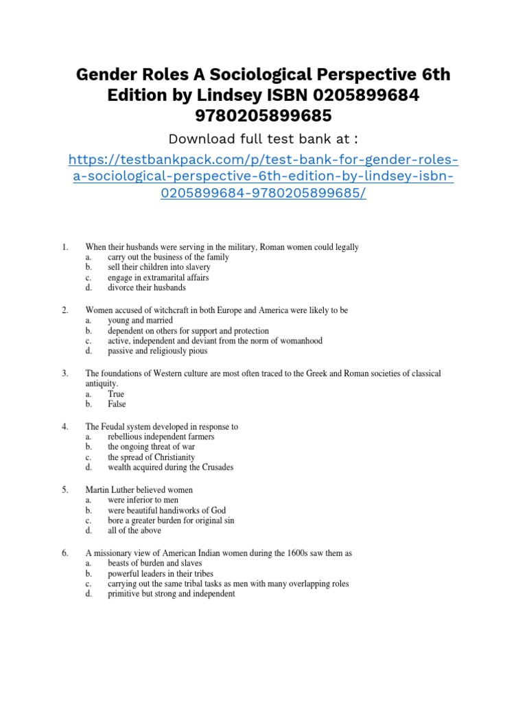 Gender Roles A Sociological Perspective 6th Edition Lindsey Test Bank 1 ...