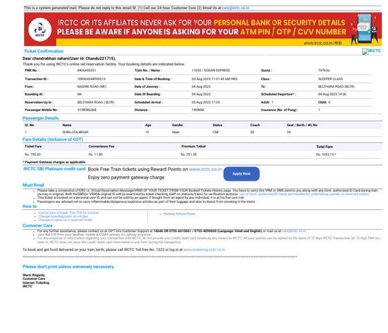 Irctc Ticket | PDF | Service Industries | Banking Technology