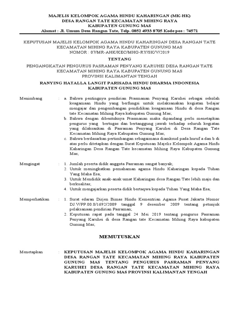 Pengangkatan Pengurus Pasraman Rangan Tate | PDF