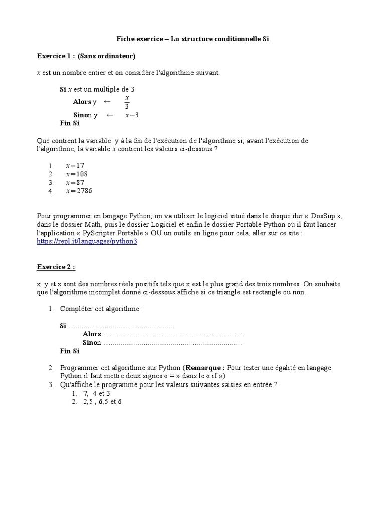 Algorithmique - Fiche Ex Chap 3 - La Structure Conditionnelle SI | PDF