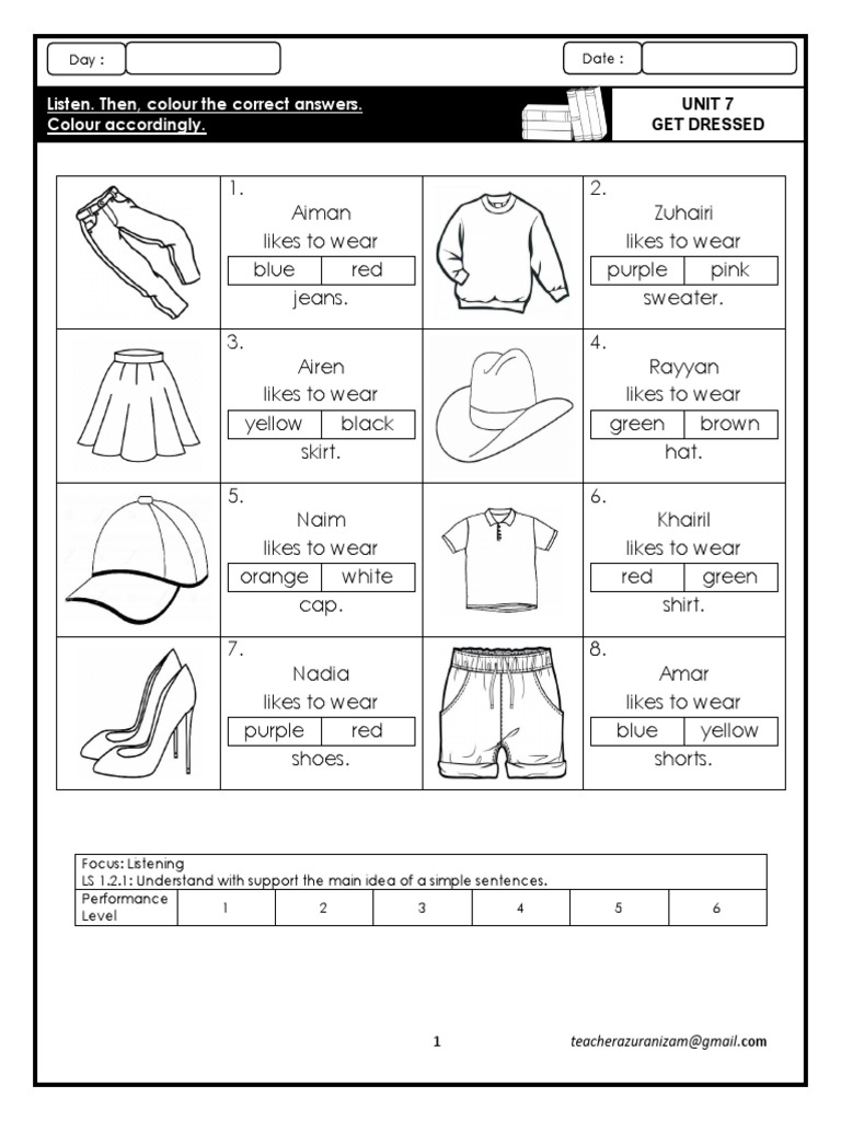 Year 2 Unit 7: Get Dressed Worksheet | PDF