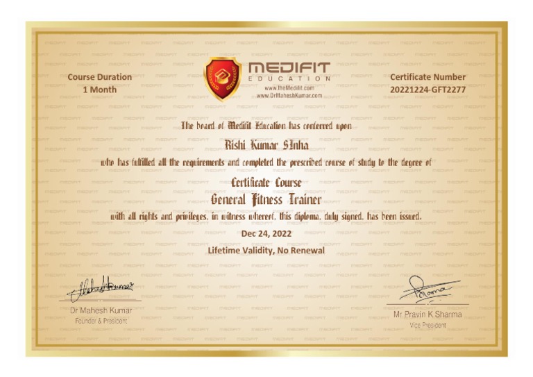 General Fitness Trainer Certificate Rishi Kumar SInha | PDF