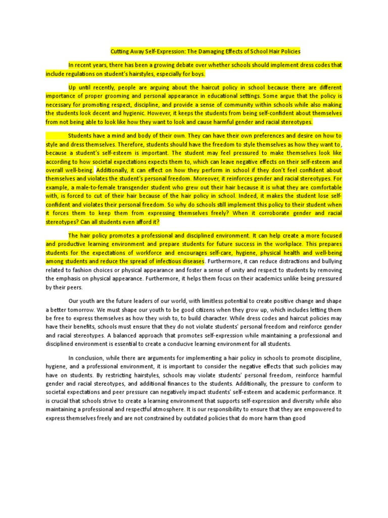 Argumentative Essay, Hair Policy | PDF