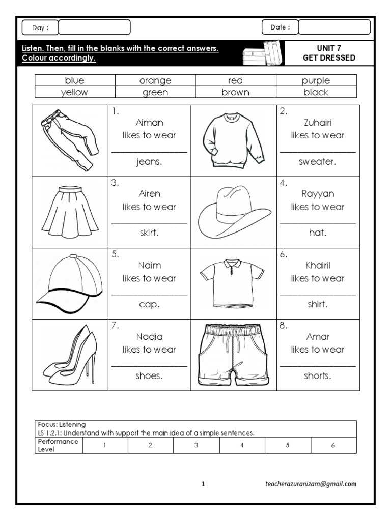 Year 2 Unit 7: Get Dressed Worksheet | PDF | Dress Codes | Softlines ...
