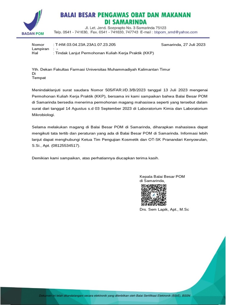 Surat Jawaban Permohonan KKP Mahasiswa UMKT | PDF