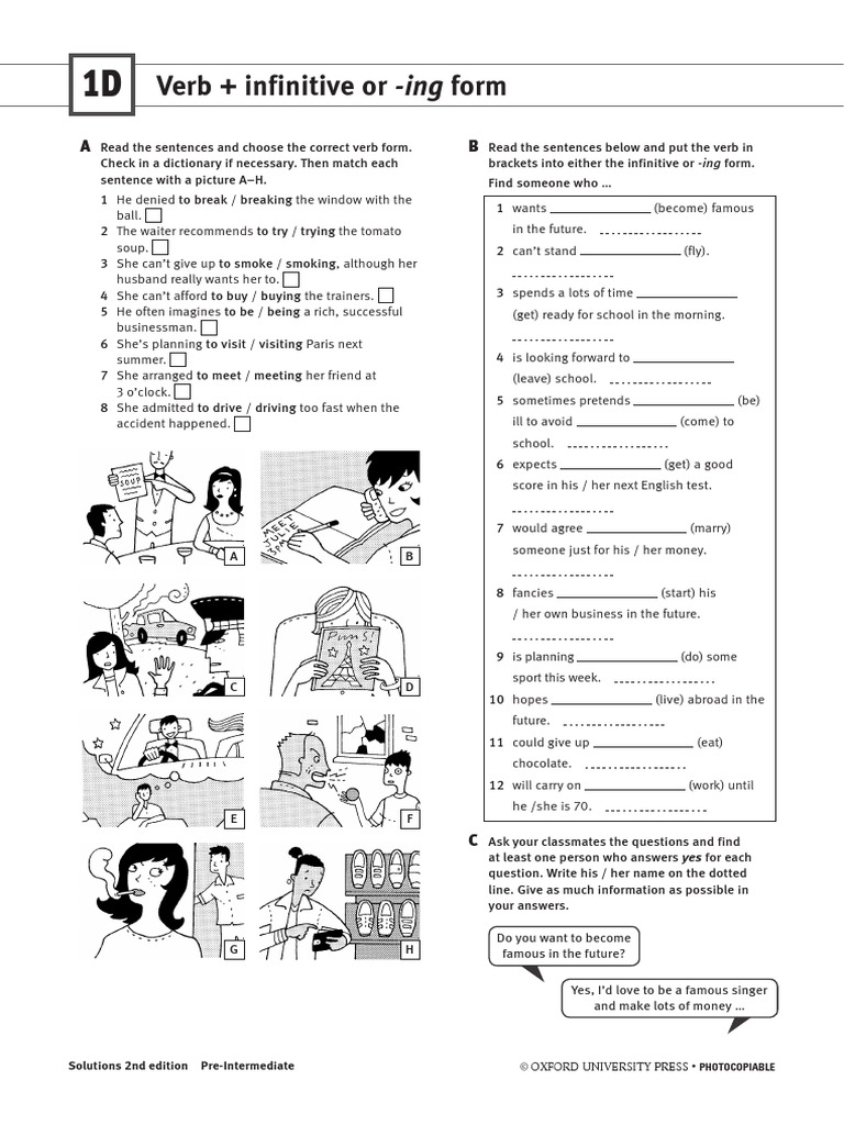 Verb + Infinitive or - Ing Form: Solutions 2nd Edition Pre-Intermediate ...