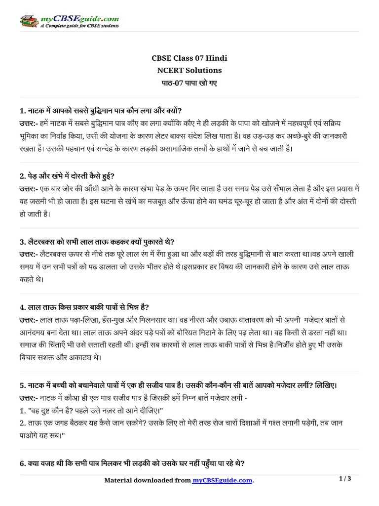 07 Hindi Ncert CH 07 Papa Kho Gye Ques | PDF
