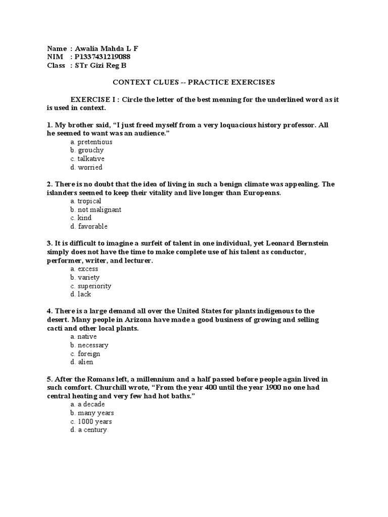 Context Clues Practice Exercises | PDF