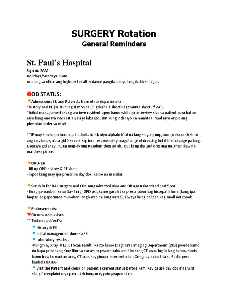 SURGERY Rotation: St. Paul's Hospital | PDF