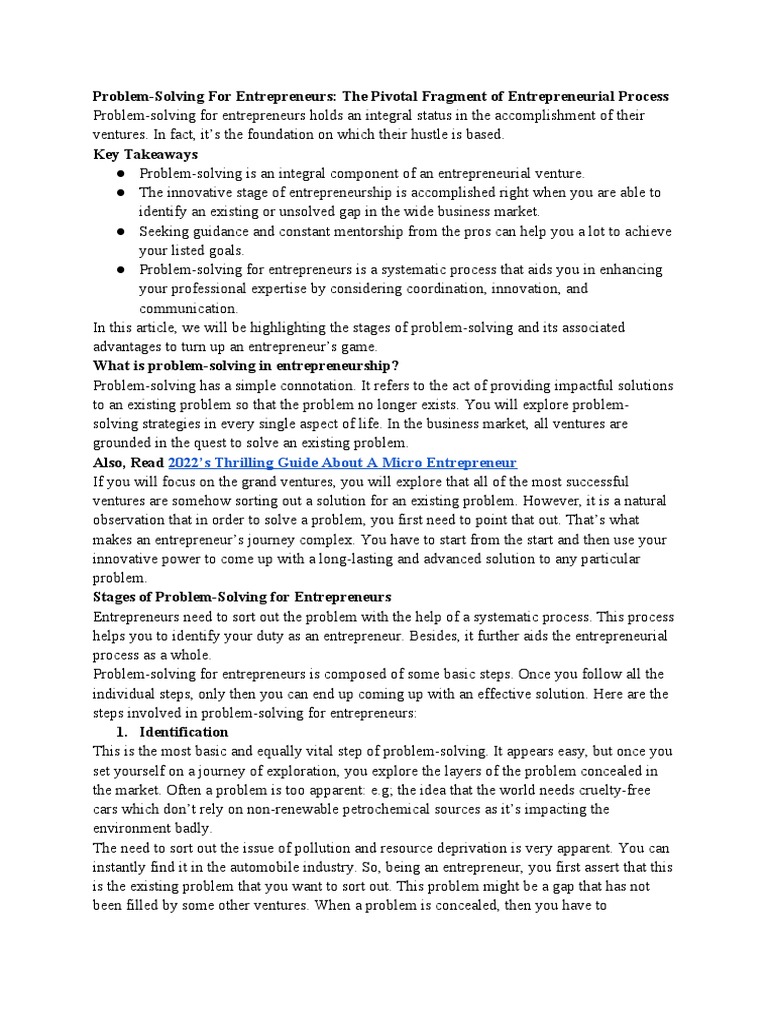 Problem Solving For Entrepreneurs | PDF