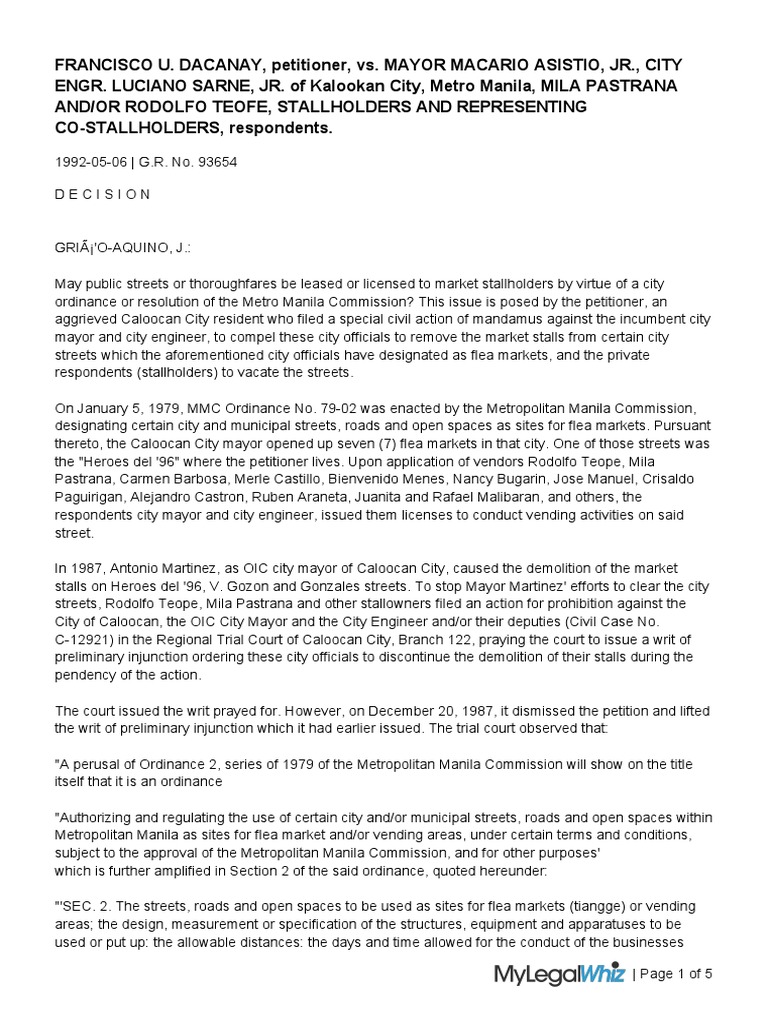 Dacanay vs. Mayor Asistio Jr. Decision | PDF | Lawsuit | Common Law