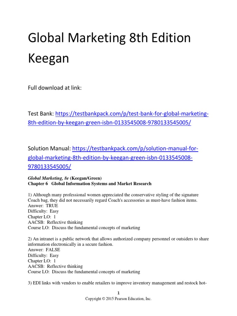 Global Marketing 8th Edition Keegan Test Bank 1 | PDF