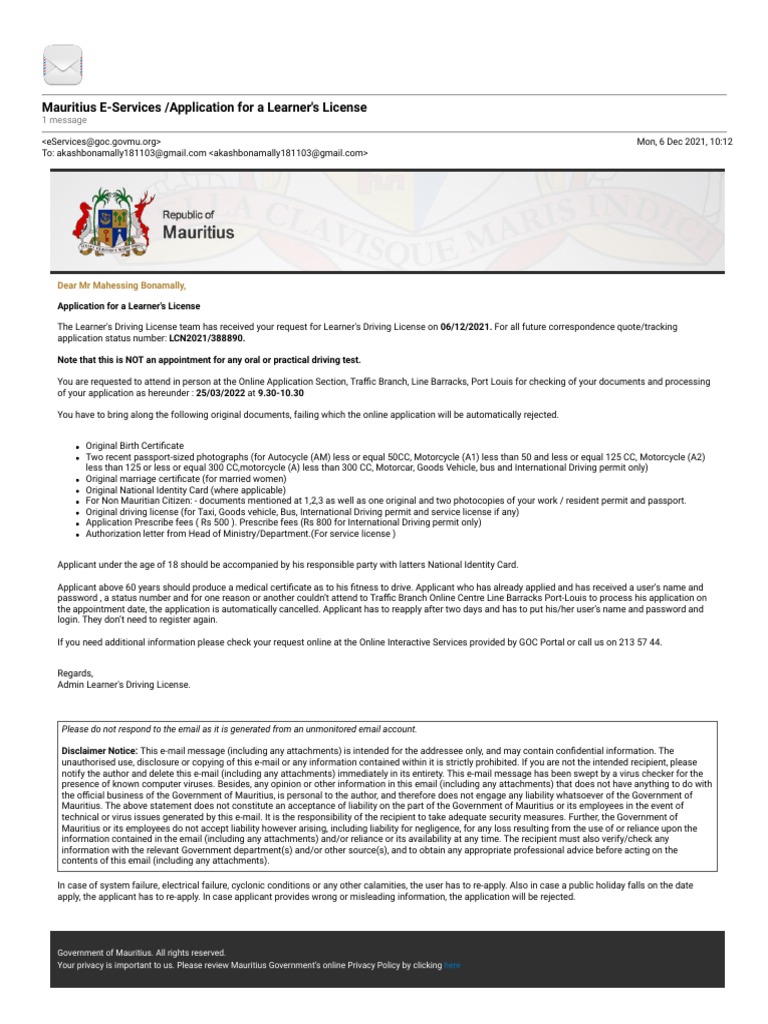 Unified Email - Mauritius E-Services - Application For A Learner's ...