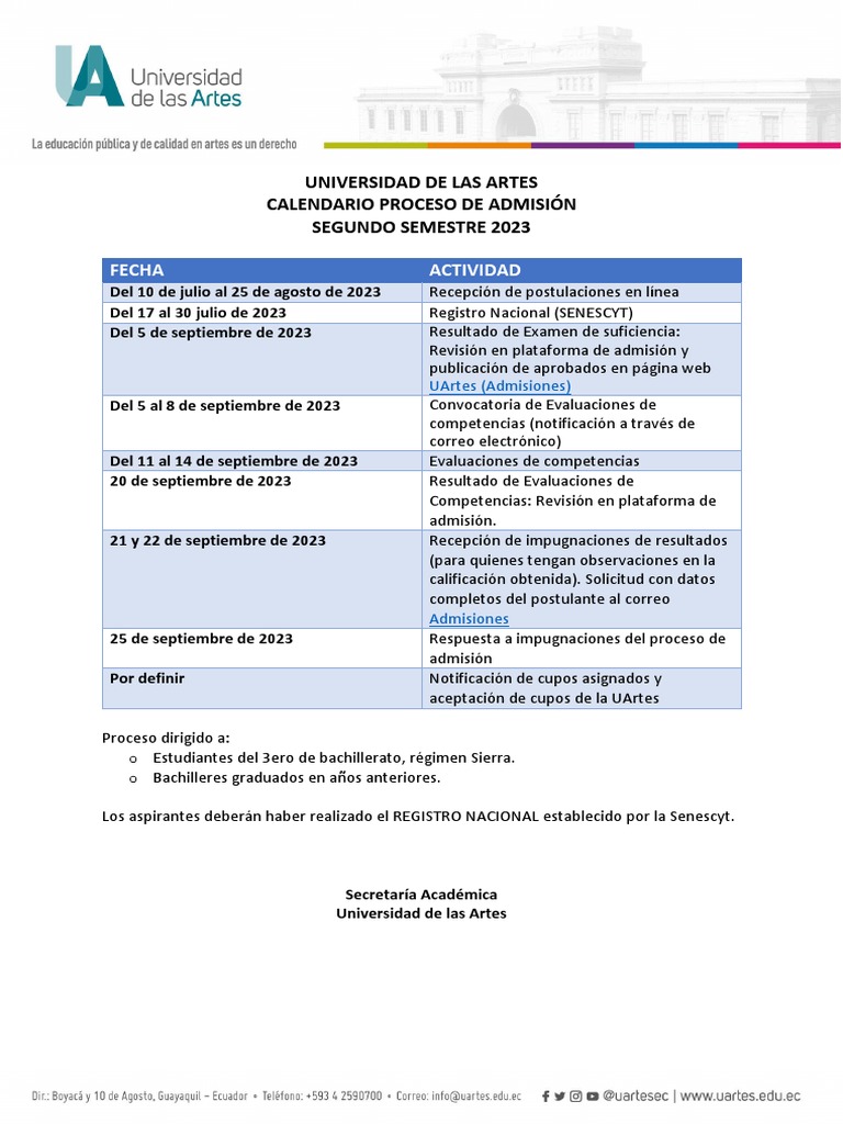 Calendario Admisión Iis 2023 | PDF
