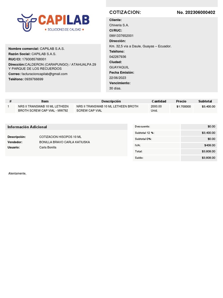 DocumentoCOT 202306000402 - Capilab Solped #0088000124 | PDF