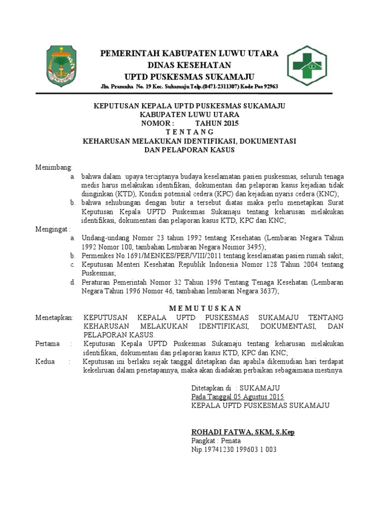 SK Tentang Keharusan Melakukan Dokumentasi Dan Pelaporan Kasus KTD, KPC Dan KNC | PDF