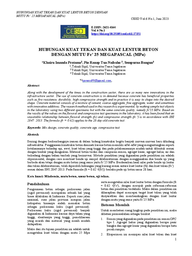 Hubungan Kuat Tekan Dan Kuat Lentur Beton Dengan Mutu FC' 25 Megapascal (Mpa) | PDF