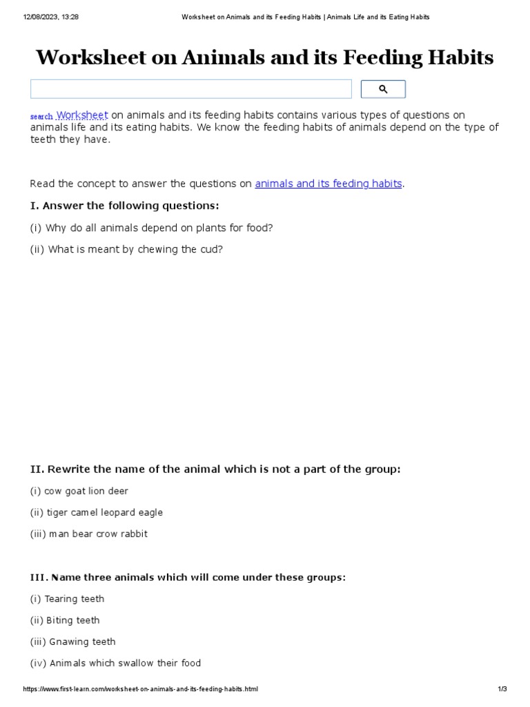 Animals' Feeding Habits Worksheet | PDF | Tooth | Organisms