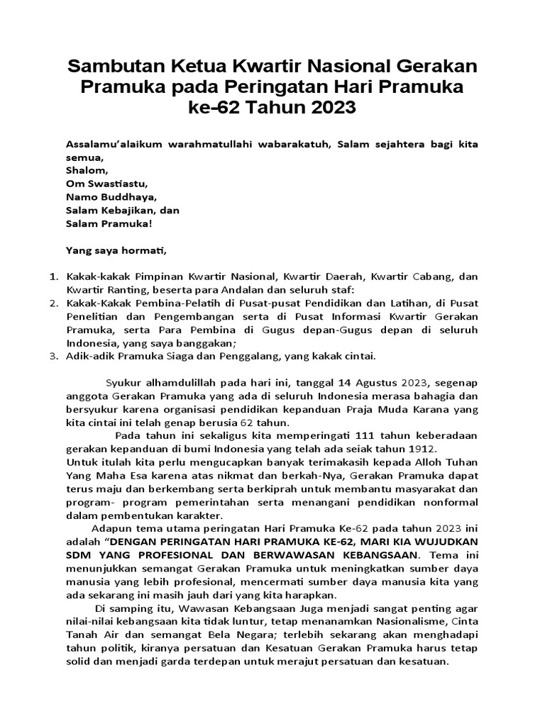Sambutan Ketua Kwartir Nasional Gerakan Pramuka Pada Peringatan Hari ...