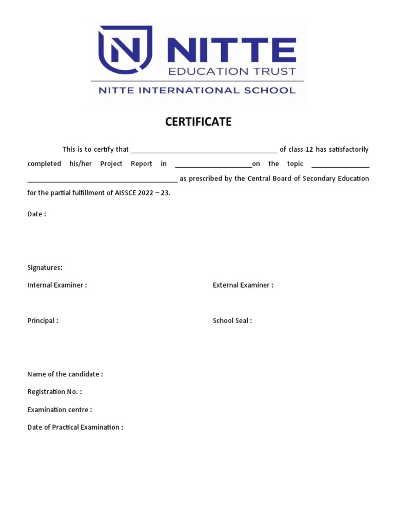 Certificate Page - Class 12 Project | PDF