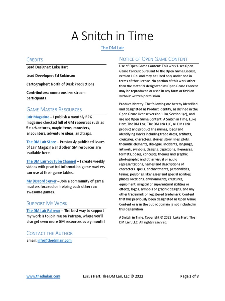 A Snitch in Time LVL 11 | PDF | License | Derivative Work