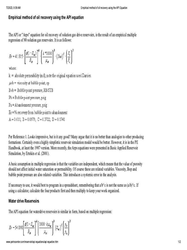 Empirical Method of Oil Recovery Using The API Equation | PDF