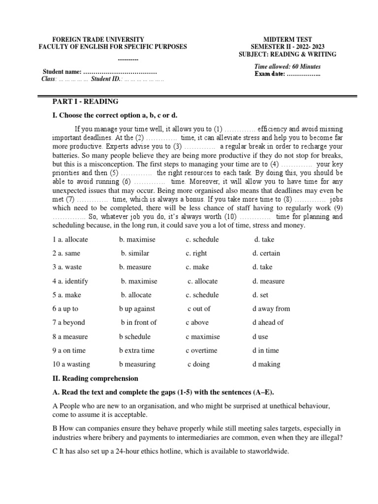 B2+ Reading & Writing Midterm Exam | PDF