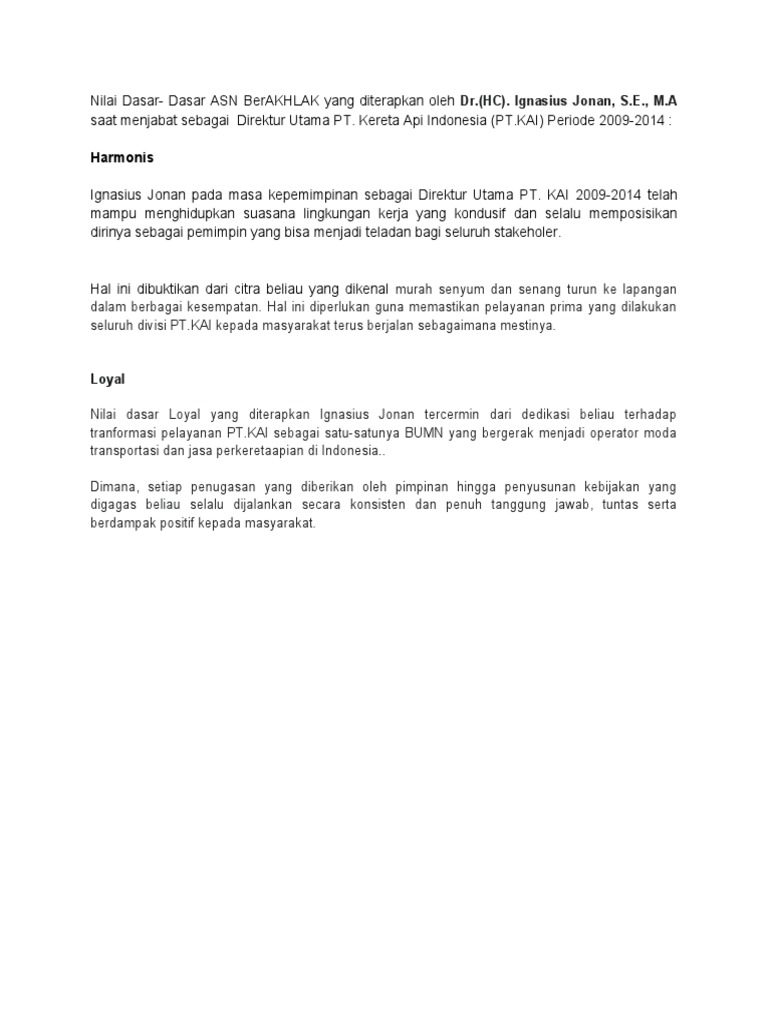 Nilai Dasar Harmonis Dan Loyal Ignaisus Jonan | PDF