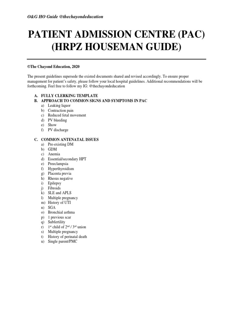 Patient Admission Centre (Pac) (HRPZ Houseman Guide) : O&G HO Guide ...