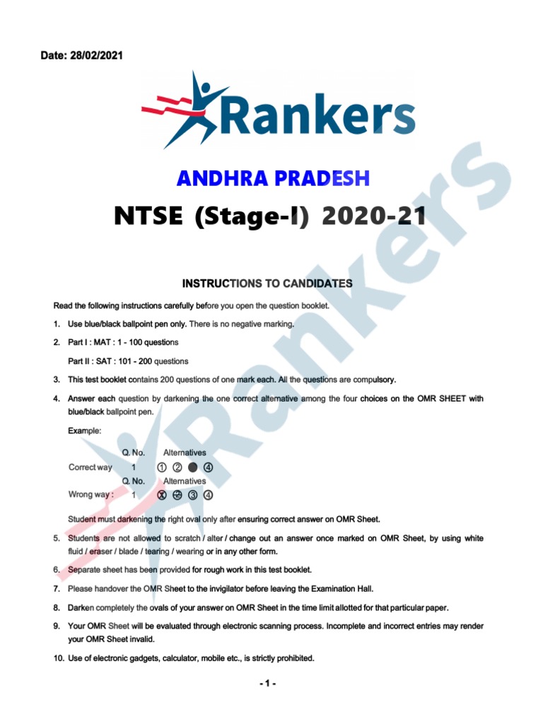Andhrapradesh NTSE Stage-01 (2021) QP With Solution | PDF | Physical Sciences