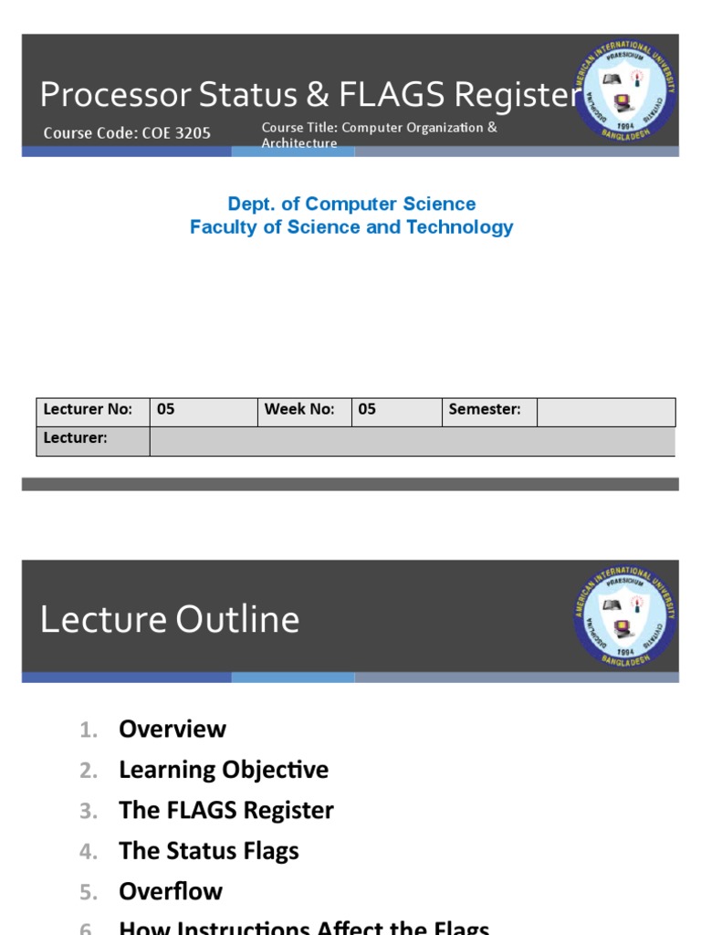 Fall 22-23 COA Lecture-5 Processor Status & FLAGS Register | PDF | Central Processing Unit | Bit