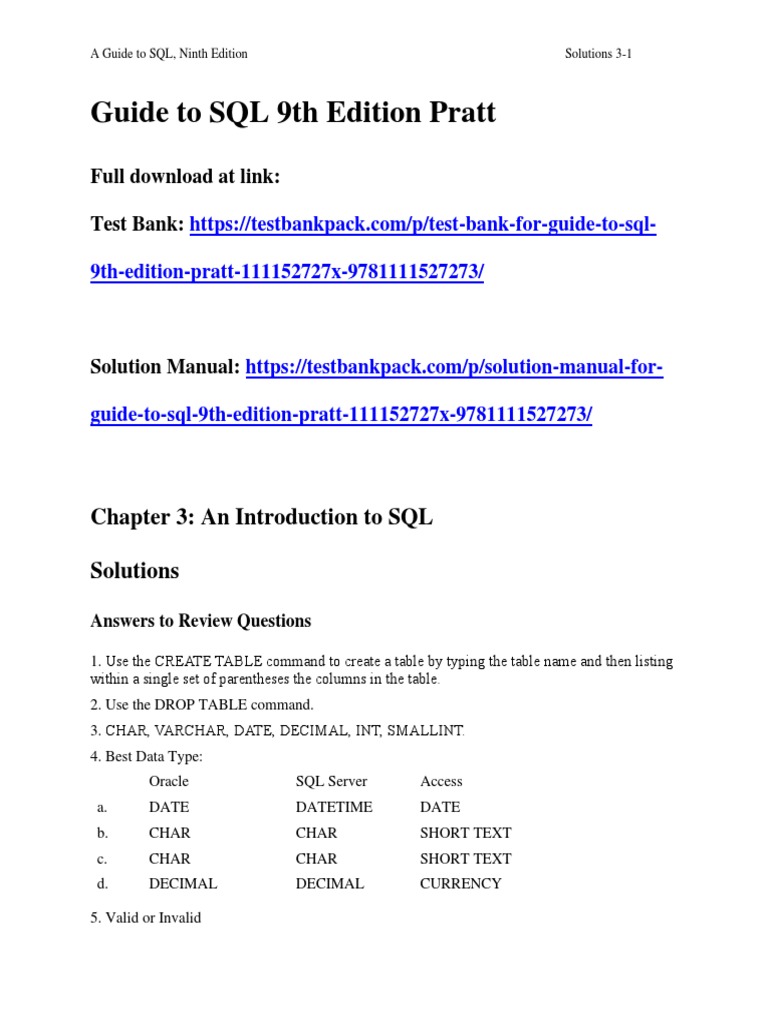 Guide To SQL 9th Edition Pratt Solutions Manual 1 | PDF | Sql | Microsoft Sql Server