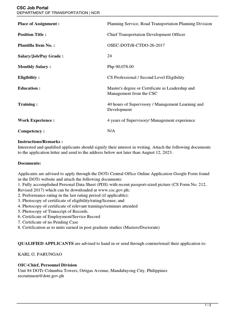 DEPARTMENT OF TRANSPORTATION-Chief Transportation Development Officer | PDF