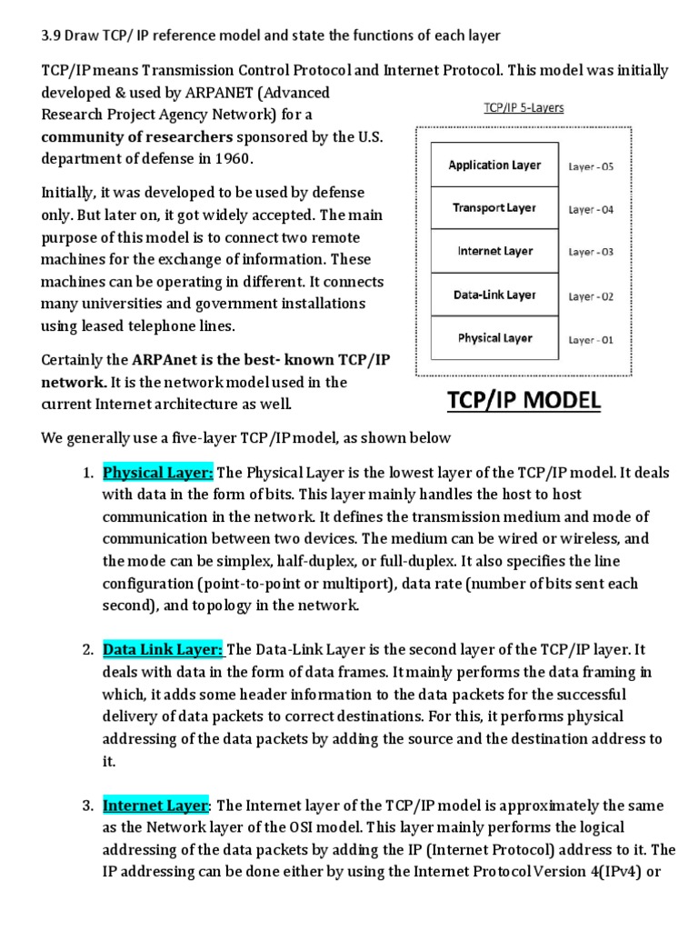 3.9 Draw TCP IP Reference Model and State The Functions of Each Layer | PDF | Internet Protocols ...