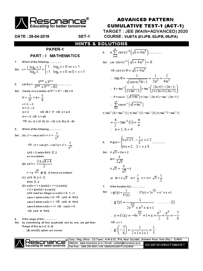 (2657) Answer Key and Solution of Act 1 Adv 28 04 2019 JP 1 | PDF ...