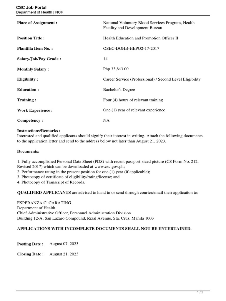 Department of Health-Health Education and Promotion Officer II | PDF