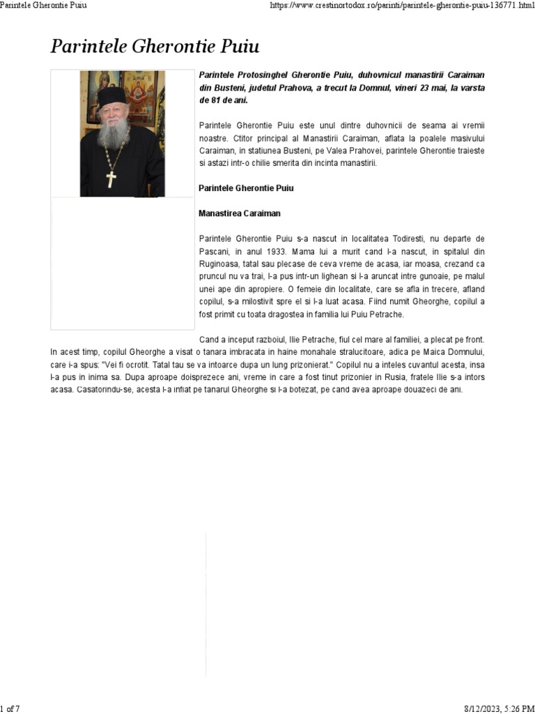 Parintele Gherontie Puiu | PDF