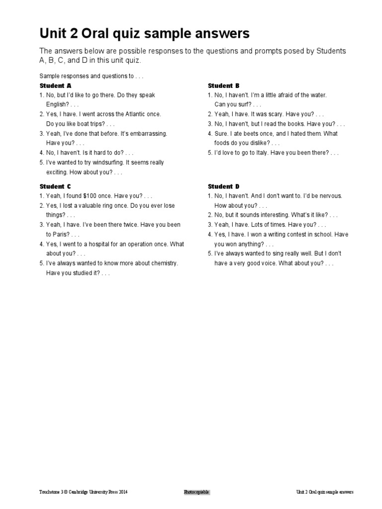 Course 9 Unit 2 Oral Quiz Answer Key | PDF