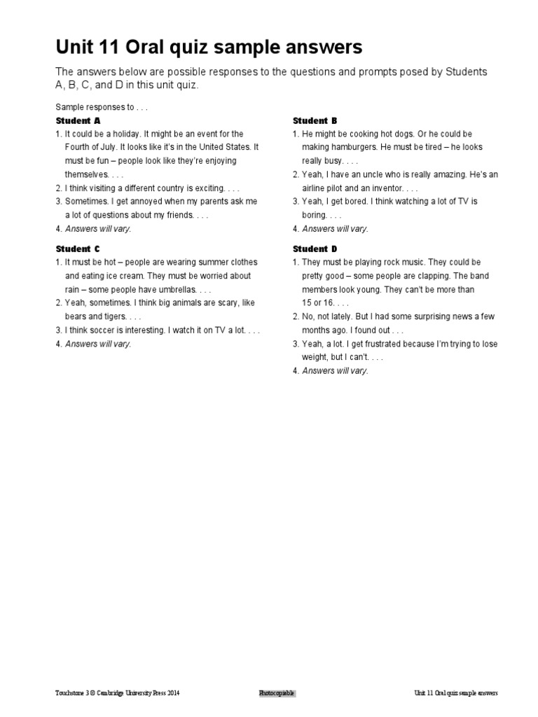 Course 12 Unit 11 Oral Quiz Answer Key | PDF