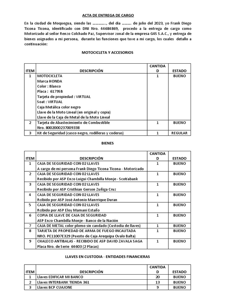 Acta de Entrega de Cargo | PDF