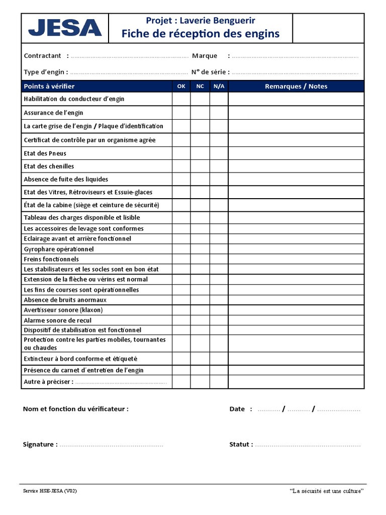 Fiche de Réception D'un Engin de Chantier (V2) | PDF | Affaires ...