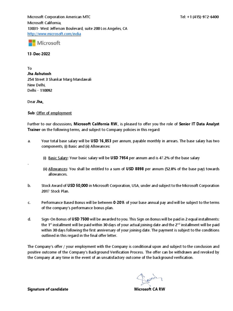 Microsoft Offer Letter | PDF | Finance & Money Management